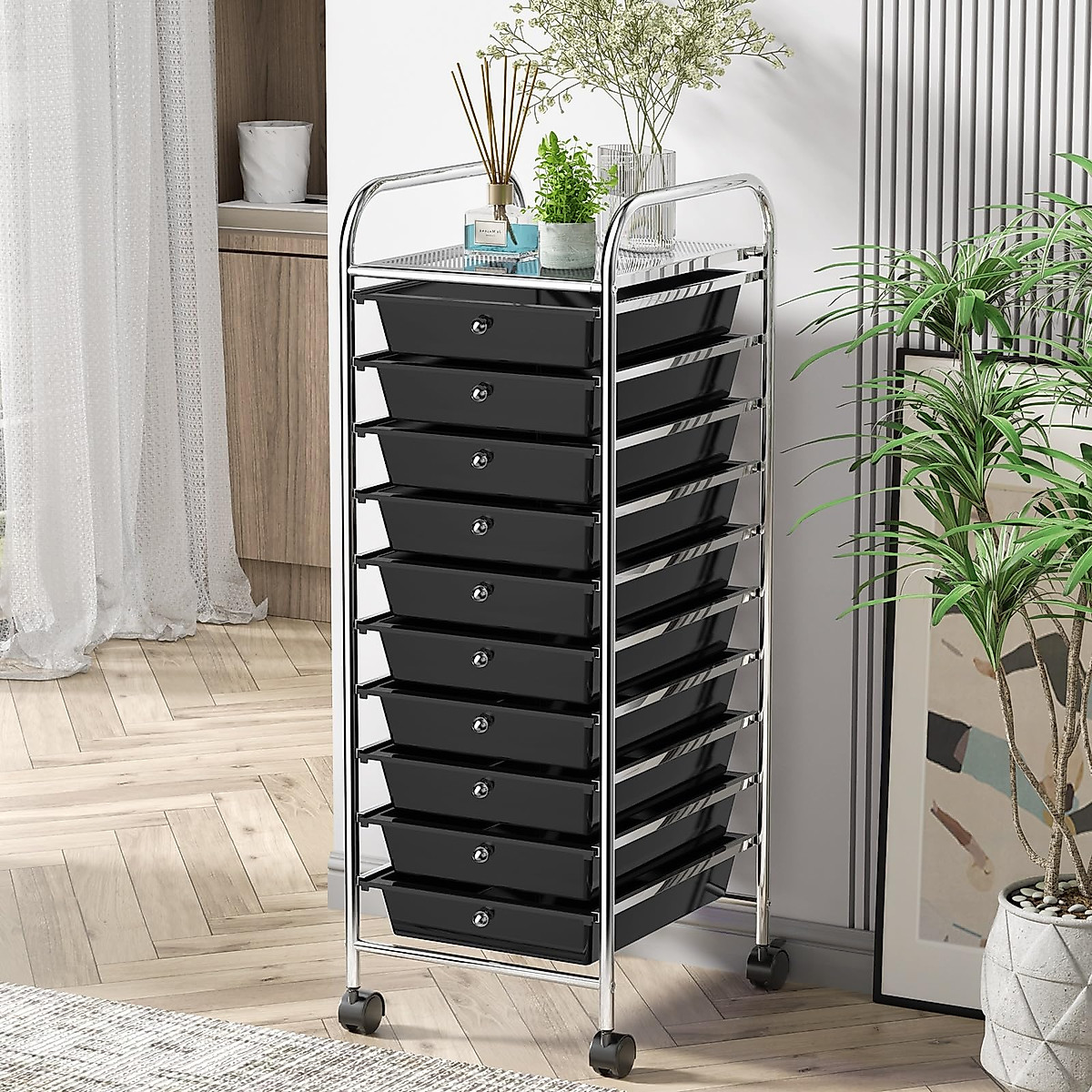 Byroce 10 Tier Drawer Rolling Storage Cart, Tools Scrapbook Paper Organizer Trolley with 360° Rotating Wheels and PP Drawers, Sturdy Metal Frame, Unity Storage Cart for Home, School, Office (Black)