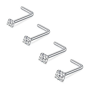D.Bella 18G L Shaped Nose Studs Surgical Stainless Steel 1.5mm 2mm 2.5mm 3mm Clear Round Diamond CZ Nose Rings Studs Silver Nose Rings for Women Nose Nostril Piercing Jewerly