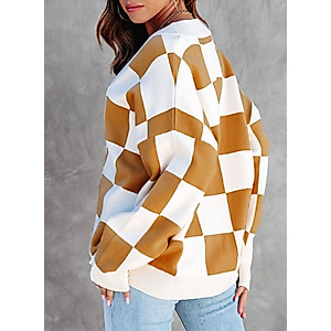 Dokotoo 2024 Fashion Cardigan Sweaters for Women V Neck Button Up Long Sleeve Plaid Cable Knit Sweater Casual Loose Flowy Checkered Fall Womens Cardigans Ladies Outerwear Brown S