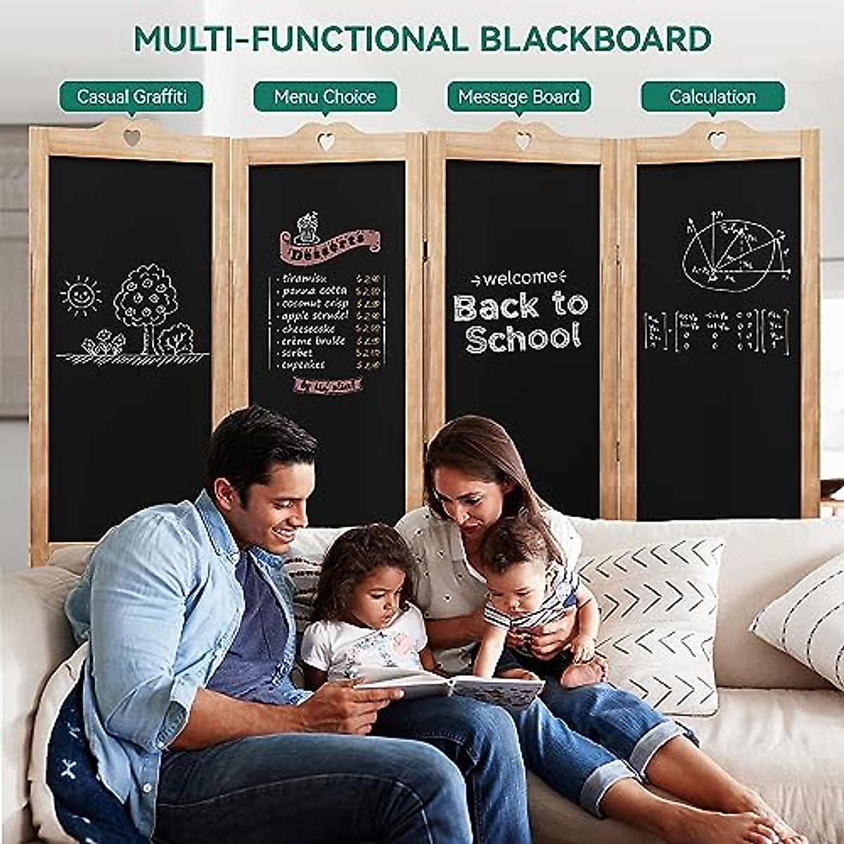 YITAHOME Wood Room Divider 4 Panel Folding Privacy Screens with Chalkboard, Freestanding Portable Privacy Screen Room Partition for Bedroom, Living Room, Study, Hotel, Office
