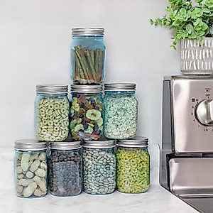 Cornucopia Brands 16oz PLASTIC Mason Jars (8-Pack, Blue w/Silver Metal Lids); PET BPA-Free Mason Jars w/One Piece Lids, 2-Cup/Pint Capacity