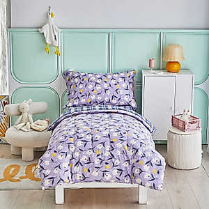 100% Cotton 4 Pieces Purple Floral Toddler Bedding Set with Yellow and White Flowers Includes Adorable Quilted Purple Comforter, Plaid Fitted Sheet, Top Sheet, and Pillow Case for Boys Girls
