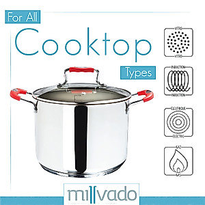 Millvado Stock Pot, 6 Quart Stainless Steel Pot, StockPot With Clear Glass Lid, Steam Hole, Permanent Measurement Markings, Gas, Electric and Induction Compatible Boiling Pot