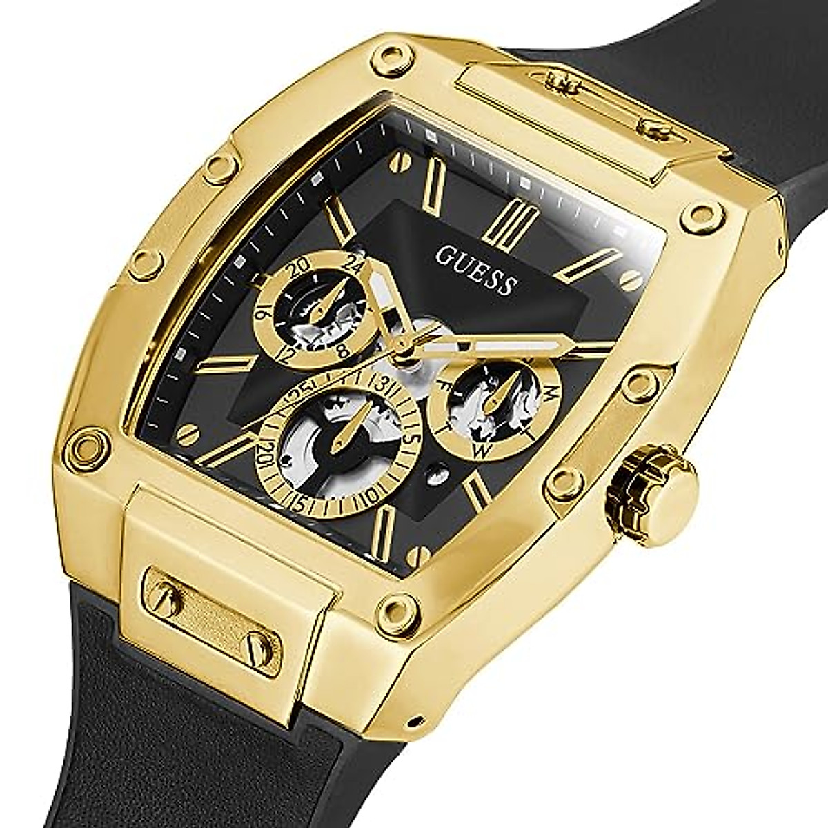 GUESS Men's Trend Multifunction 43mm Watch – Black & Gold-Tone Dial with Gold-Tone Polycarbonate Case & Flex Leather/Silicone Strap