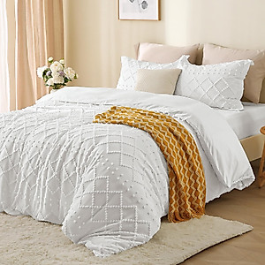 HYMOKEGE Duvet Cover Queen Size, Boho Tufted Queen Duvet Cover 3 Pieces, Soft & Lightweight Shabby Chic, Embroidery Bedding for All Seasons, 1 Duvet Cover 90" × 90" & 2 Pillow Shams, White