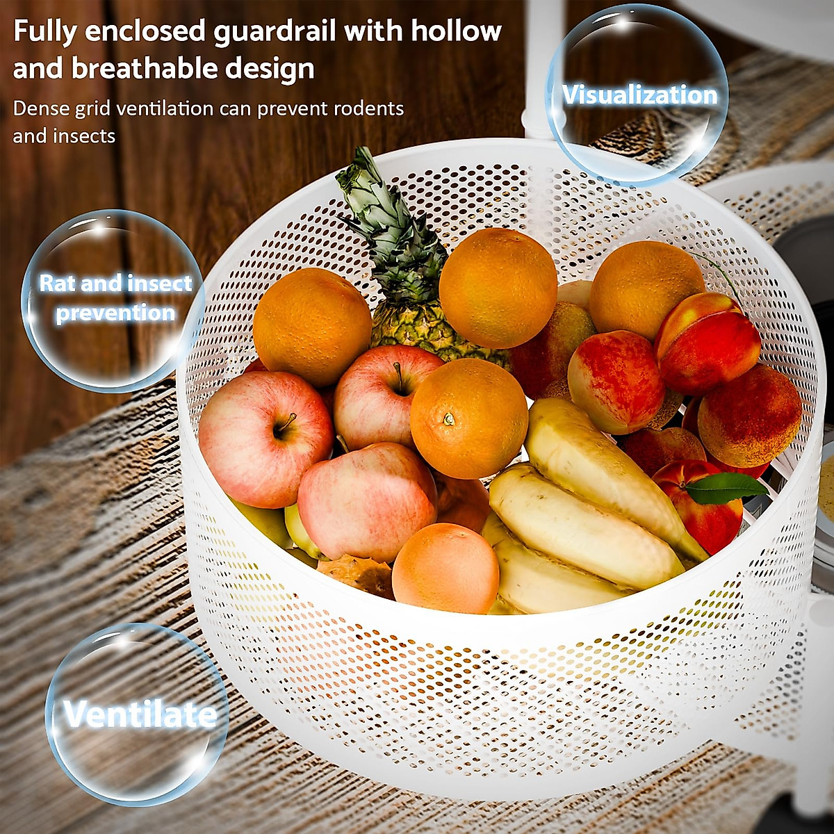 pofluany 3/4/5 Tier Rotating Storage Rack, Fruit Basket for Kitchen, Large Storage Rack with Wheels, Circular Rotating Basket, Fruit and Vegetable Metal Wire Shelf with Top Lid Four Layer