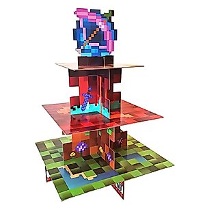 Coolitoys HEAVY Pixel 28 PCS Cupcake Stand, 3 Tier Cardboard Cupcake Stand, Mining Birthday Party Decorations, Gamer Birthday Decorations, Pixel Gaming Party Decorations 3 stages HEAVY DUTY