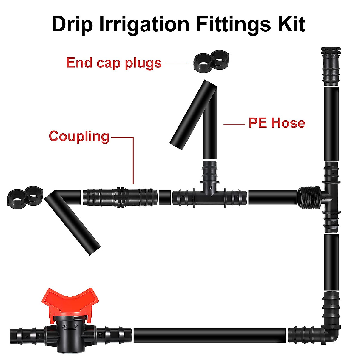 52 Pieces Drip Irrigation Fitting Kit Irrigation Barbed Connector for 1/2 Inch Tubing 4 Switch Valve, 8 Coupling, 8 Tee, 8 Elbow, 8 End Closure, 8 Plug, 8 16 to 4 Point Tee Connector