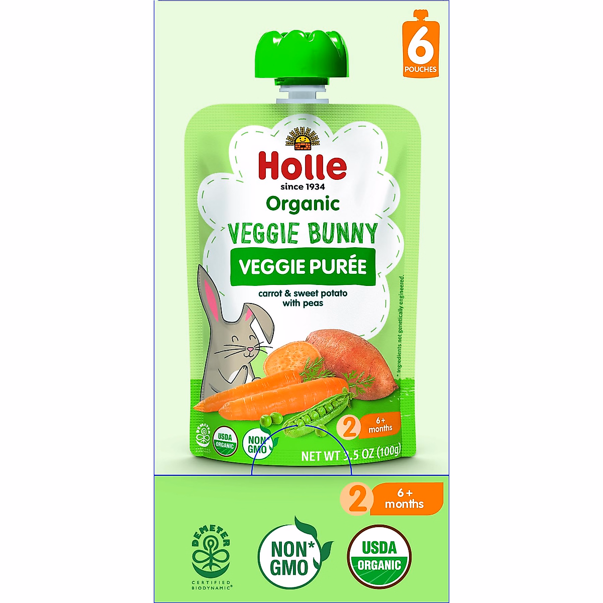 Holle Organic Baby Food Pouches - Veggie Bunny Baby Puree with Carrots, Peas and Sweet Potato - (6 Pack) Organic Baby Snacks + Fruit and Veggie Pouches for Weaning Babies 6 Months and Older