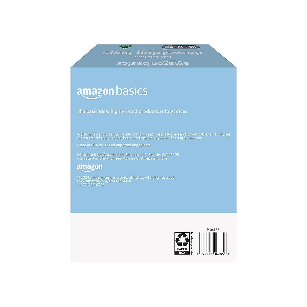 Amazon Basics 13 Gallon Tall Kitchen Drawstring Trash Bags, Clean Fresh Scent, 10% Post Consumer Recycled, 80 count