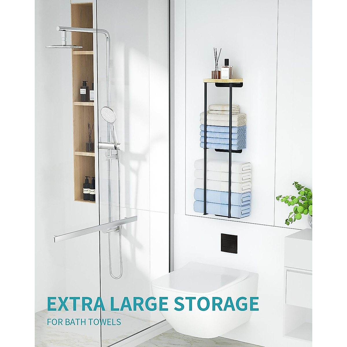 Towel Racks for Bathroom, 2 Tier Wall Towel Holder with Wood Shelf, Metal Wall Mounted Towel Rack Bathroom Organizers and Storage, Black