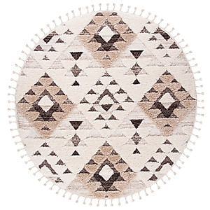 SAFAVIEH Moroccan Tassel Shag Collection Area Rug - 6'7" Round, Ivory & Brown, Boho Design, Non-Shedding & Easy Care, 2-inch Thick Ideal for High Traffic Areas in Living Room, Bedroom (MTS688A)