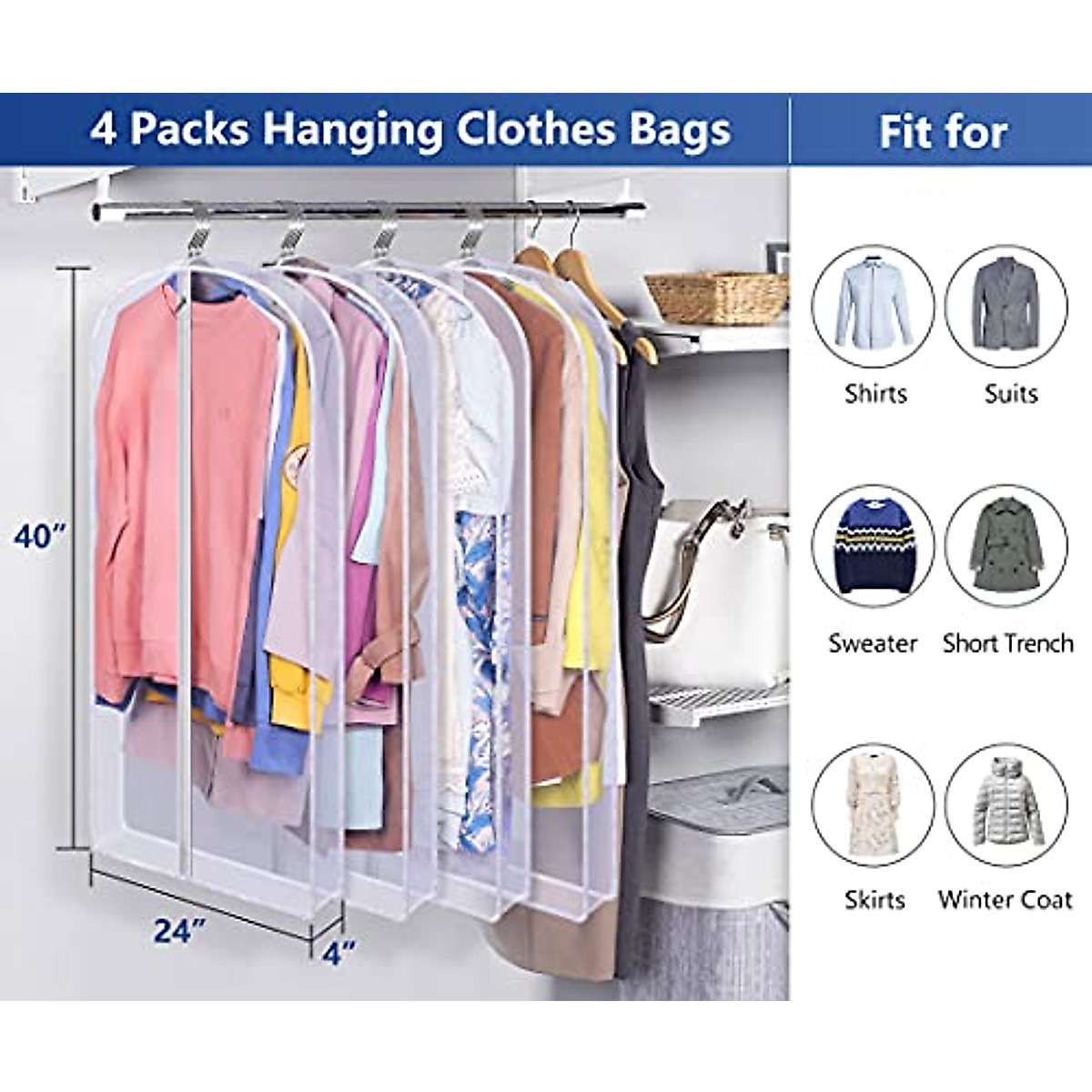 AOODA 40" Clear Garment Bags for Hanging Clothes Transparent Suit Bags for Closet Storage Coat Cover Protector for Sweater, Jacket, 4 Packs