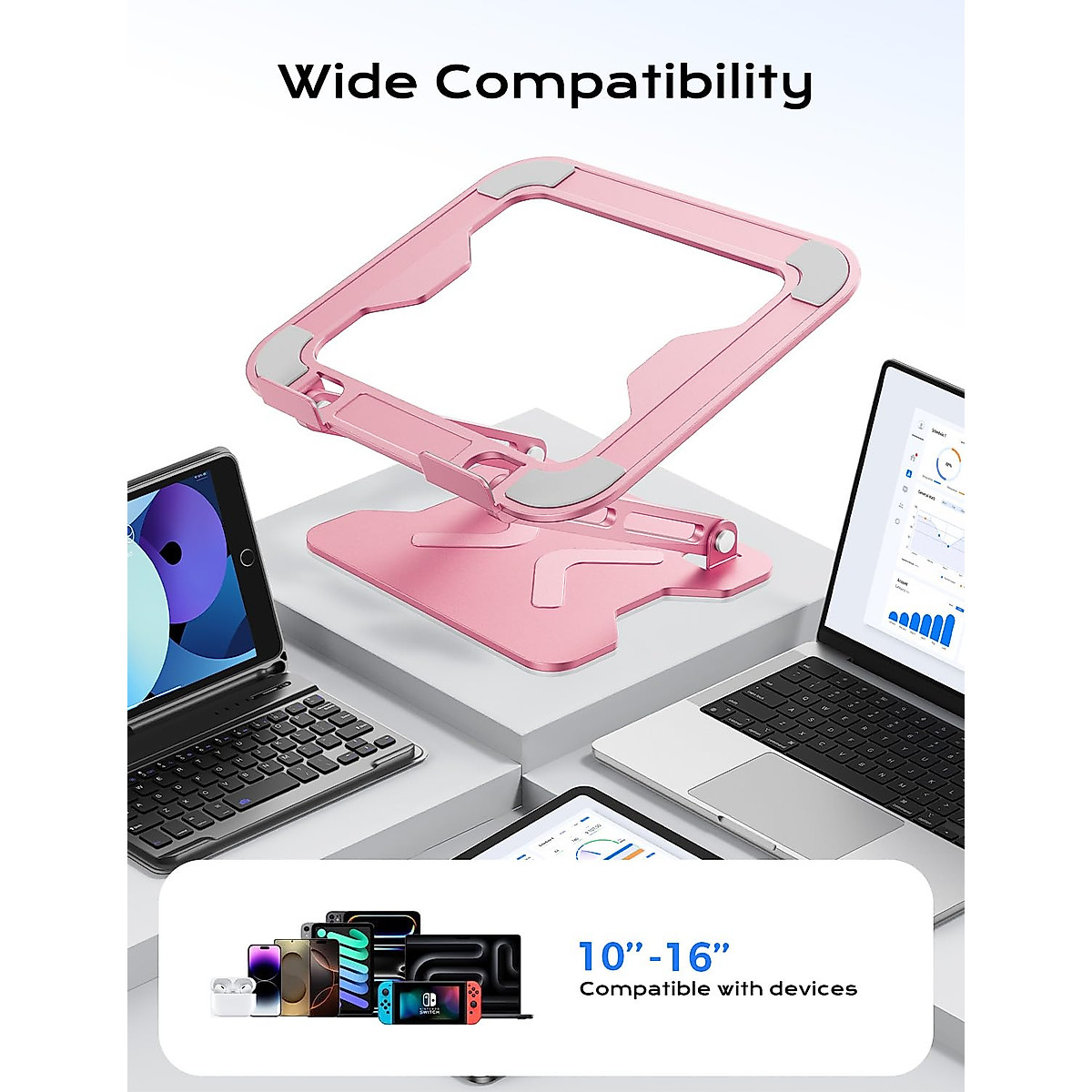JCZT Adjustable Laptop Stand for Desk, Portable Laptop Riser, Aluminum Laptop Stand Foldable, Ergonomic Computer Notebook Stand Holder for MacBook Air Pro, Dell, HP 10-16'', Rose Pink