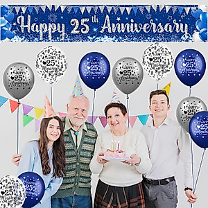Blue Silver 25th Anniversary Decorations for Men Women, Blue Silver Happy 25th Anniversary Banner 18pcs Navy Blue 25th Anniversary Balloons for 25th Silver Wedding Anniversary Decoration Supplies