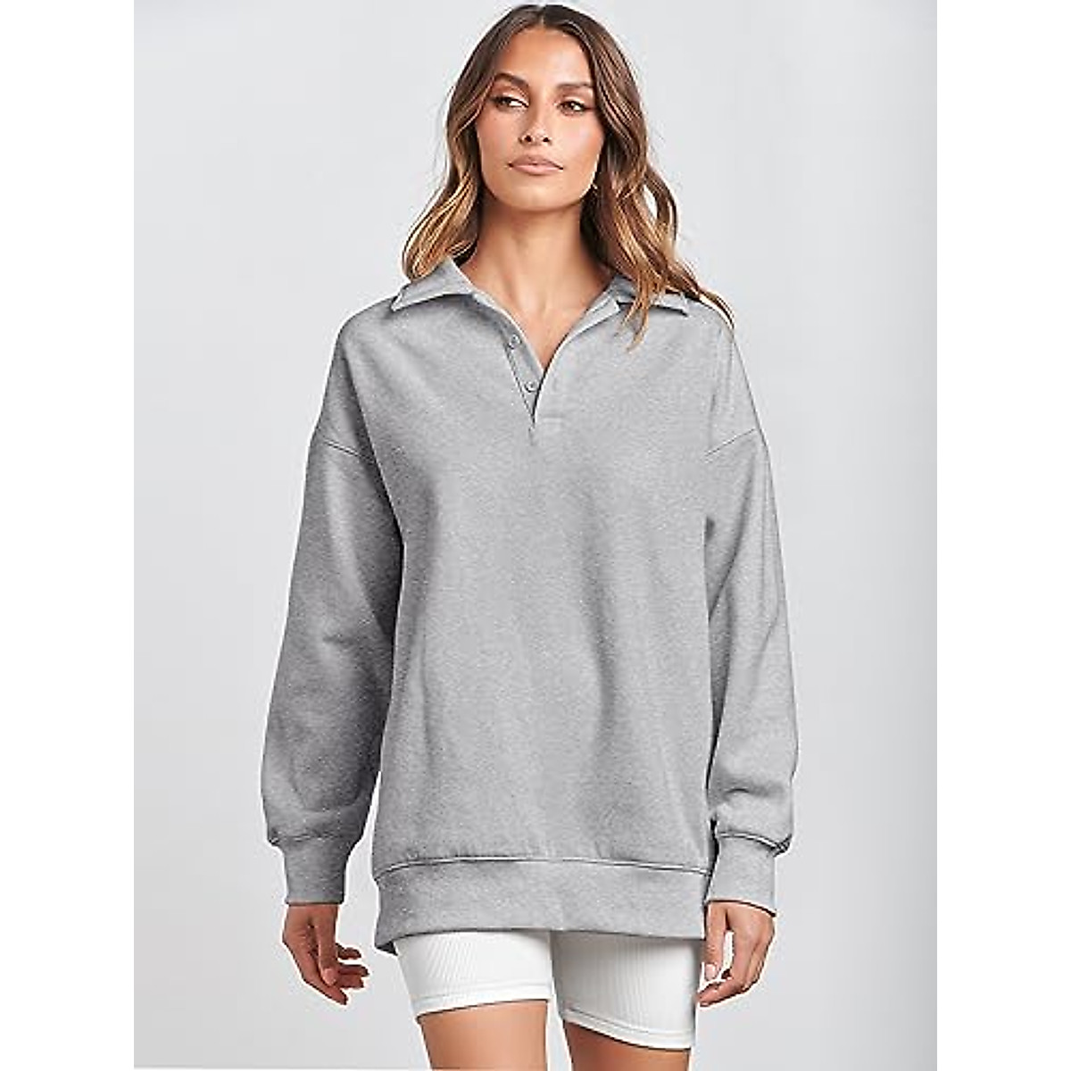 Caracilia Womens Oversized Sweatshirts Fleece Cute Pullover Long Sleeve Dressy Casual Shirts Comfy Hoodie Fall Tops Lightweight Buttons Down Sweatshirt 2023 Fashion Clothes C113A8-huahui-L Grey