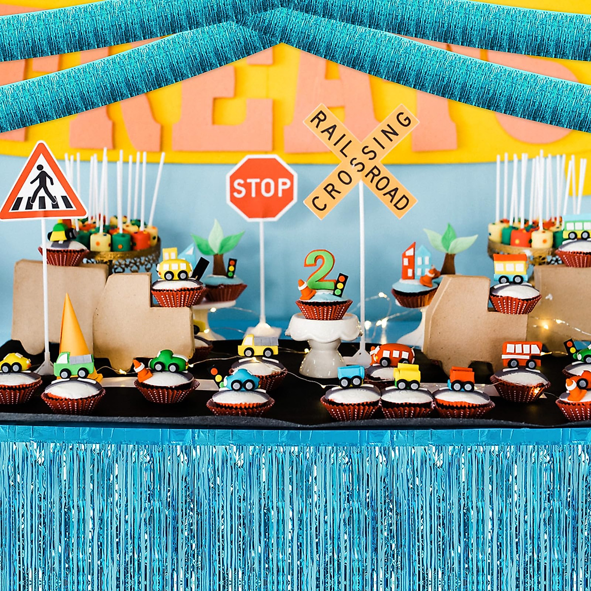 4P Metallic Foil Fringe Banner Tinsel Table Skirts for Rectangle Tables Backdrop Tinsel Banner Garland Curtains for Parade Floats Wedding Graduation Anniversary Birthday Parties Decoration (Lake Blue)