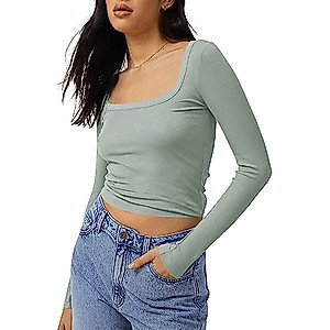 Lynwitkui Women's Ribbed Long Sleeve Tops Scoop Neck Slim Fitted Solid Casual T-Shirt Light Green