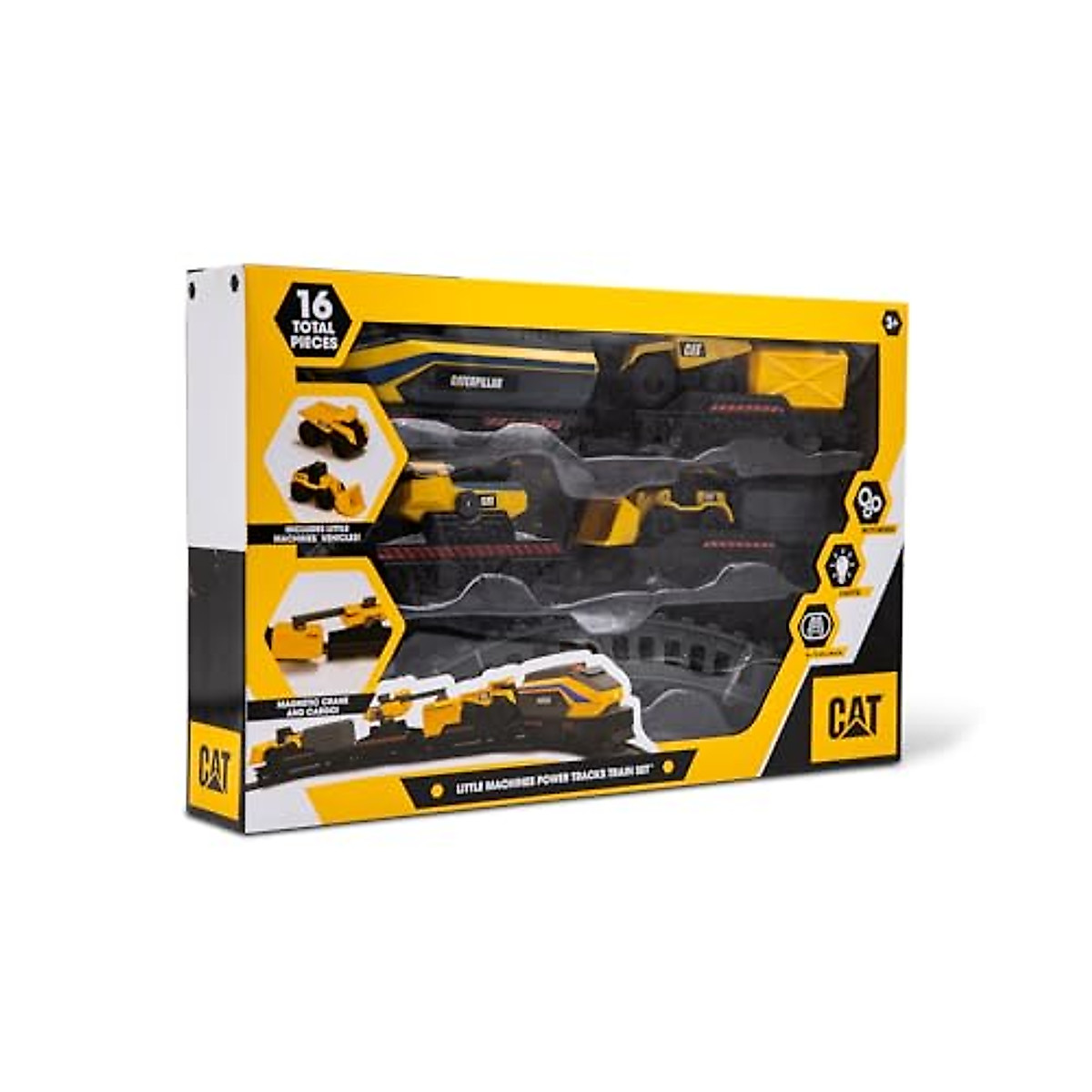 CAT Construction Toys, Little Machines Power Tracks Battery Operated Train Set, Engine with working headlight, 3 Rail Cars, Working Crane, 2 Magnetic Cargo Containers, and 2 CAT Trucks for Kids