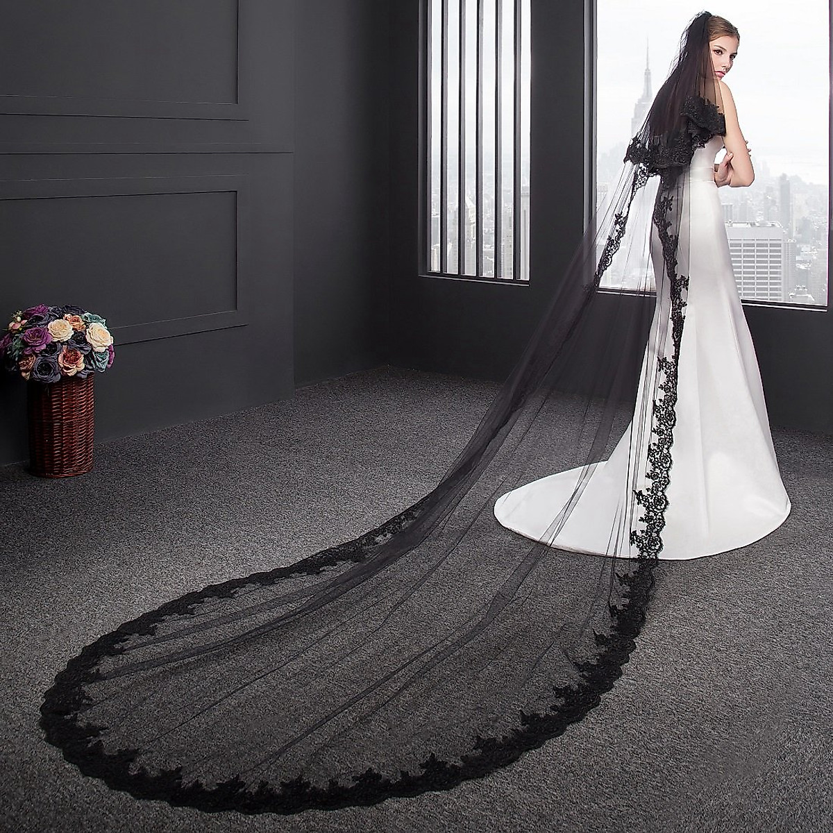Cibelle Black Wedding Veil 2 Layers 3 Meters Long Lace Bridal Veil with Metal Comb