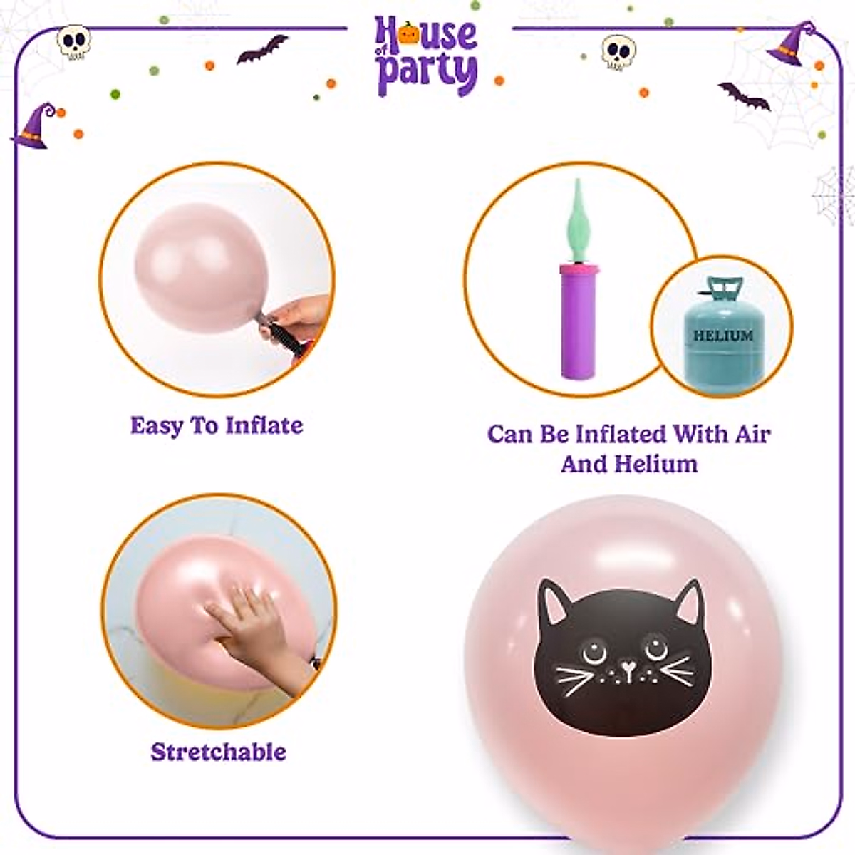 HOUSE OF PARTY Halloween Witch Foil Balloon-50PCS Black Pink White Witch, Cat Latex Balloons for Halloween Birthdays Graduation Party Decorations, School Classroom Games, Kids' Hand Out