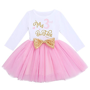 ODASDO Toddler Kids Girl My 3rd Third Birthday Cake Smash Outfit Cotton Long Sleeve Princess A-line Tutu Tulle Dress Bowknot Headband Set Three Years Old Party Clothes Photo Props Pink 3 Years