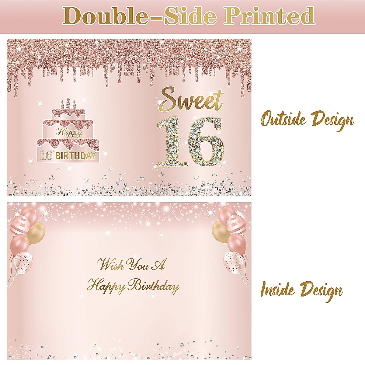 Large Sweet 16 Birthday Card with Envelope, Jumbo Happy 16th Birthday Card Gifts for Girl, Extra Big 16 Birthday Guest Book Greeting Cards Party Supplies，Pink Rose Gold Giant Sixteen Year Birthday