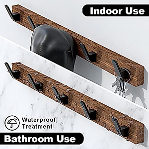 IURRDOP Black Walnut Wood Wall Mount Coat Rack with 5 Hooks,  Adhesive Mounted Rustic Decorative Entryway Hooks, Mid Century Modern Natural Wooden Pegs for Hanging Coat Clothes Hat Bag Purse and Towel