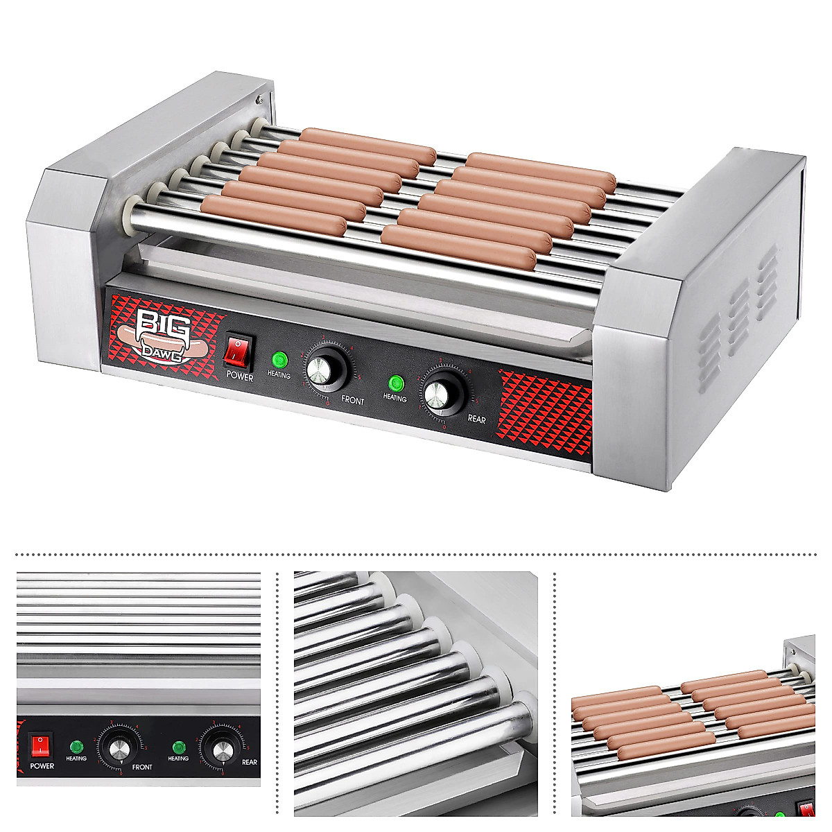 Hot Dog Roller Machine – Stainless-Steel Cooker with 7 Non-Stick Rollers – Cooks 18 Hot Dogs – Concession Stand Supplies by Great Northern Popcorn