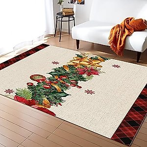 Area Rug 2.7x3 Ft Christmas Poinsettia Snowflakes Plaid Border Machine Washable Area Rugs Non Shedding Floor Carpet Rubber Backing Non-Slip Indoor Mats for Living Room Bedroom Kitchen