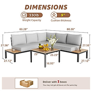 NATURAL EXPRESSIONS Patio Furniture Sets, L Shape Patio Sectional Metal Outdoor Sectional Corner Sofa Outdoor Couch with Detachable Backrest,3 Fuaxwood Tables,5” Grey Olefin Cushions