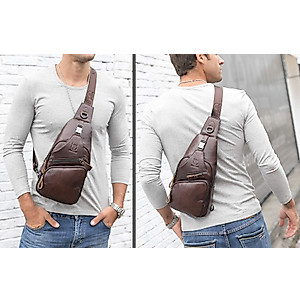 BULLCAPTAIN Leather Men Sling Bag Casual Crossbody Chest Bags Travel Daypack (Brown)