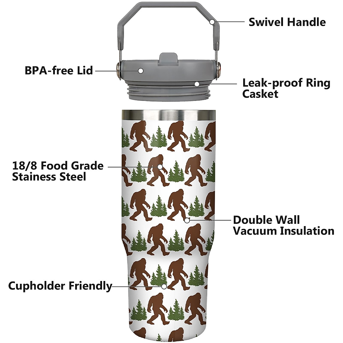 ysnifeiw 30oz Bigfoot Tumbler with Top Handle and Flip Straw Bigfoot/Sasquatch Gifts Cup for Dad Father's Day Birthday Christmas Gifts for Men