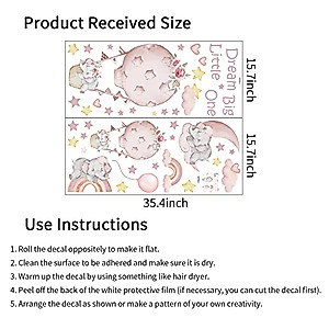 Dream Big Little One Elephant Wall Stickers Pink Hot Air Balloon Stars Wall Decals Baby Girl Room Decor for Nursery Peel and Stick Wall Decoration for Bedroom