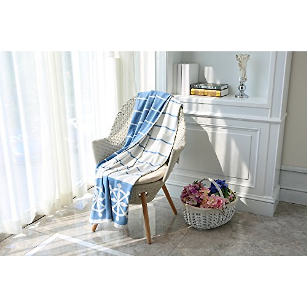 Mika Home Nautical Reversible Cozy Bamboo Fiber Oversized Throw Bed Blankets for Couch, Sofa, Travel, 50X70”, Blue, White