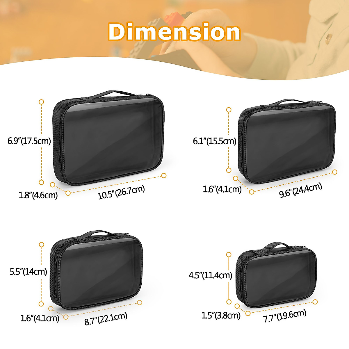 Damero 4 Packs Toy Carry Case, Toy Storage Bags with Zipper, Toy Building Blocks Board Games Storage Case, Clear Toy Organizer Bags for Travel, Playroom, Classroom, Home Organization, Black(Bag Only)