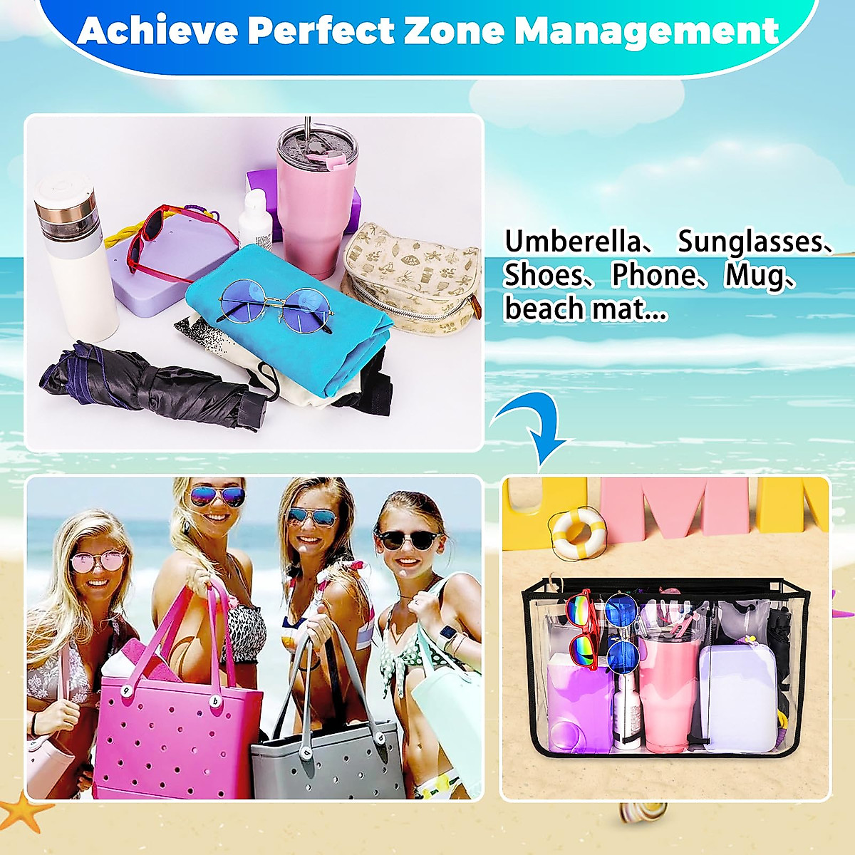 Clear Beach Bag Organizer Insert Compatible with Original Bogg Bag X Large, Zipper Inner Bag Divider Storage Bag for Bogg Bag Accessories, 7 Divider Pouch -Transparent & Black (Only for X Large )