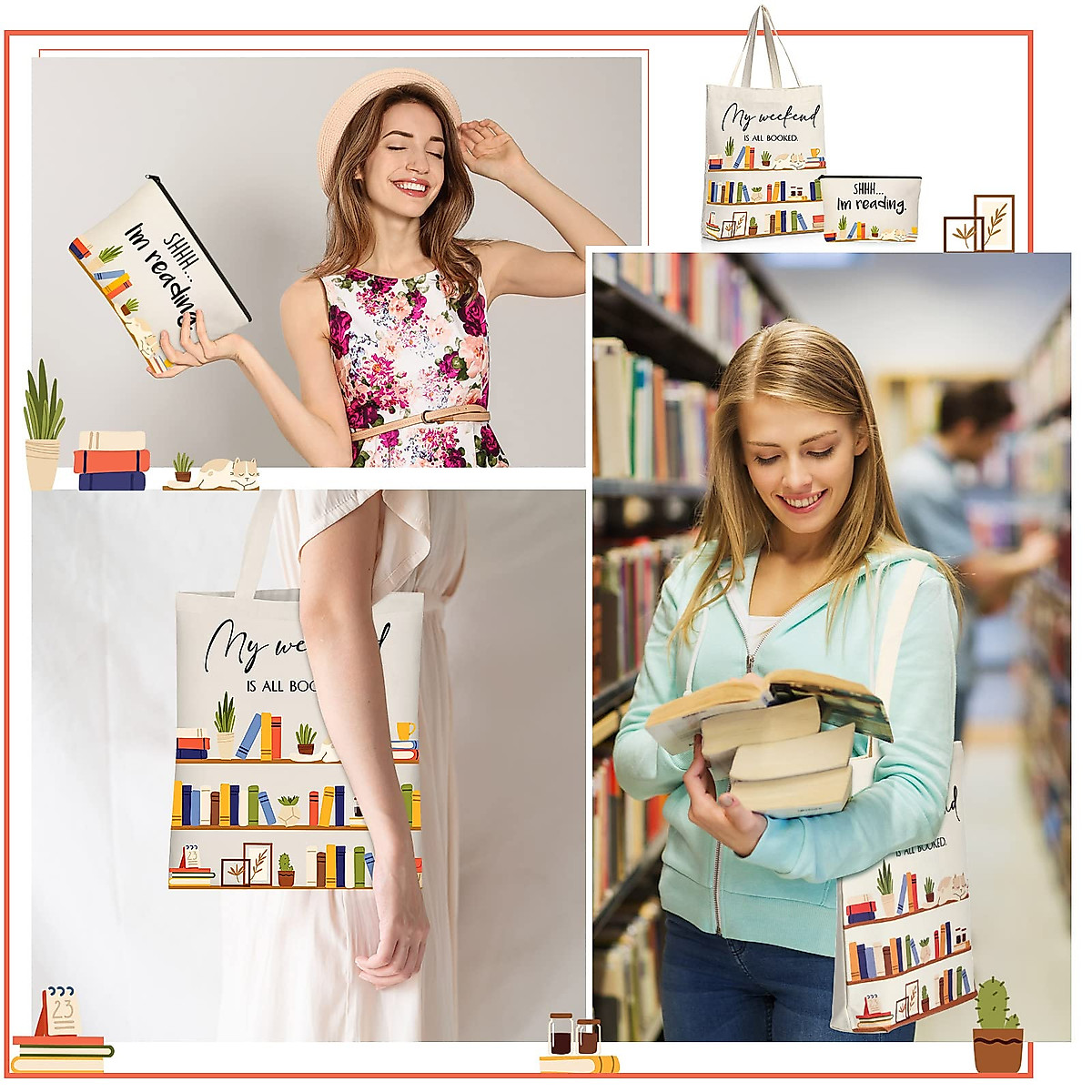 Sieral 2 Pcs Book Lovers Gifts Bookshelf Tote Bag Makeup Reading Canvas Bag Reusable Book Tote Bag Cosmetic Pencil Cases School Bag Gift with Metal Zipper Bookish Librarian Gifts for Women Teacher