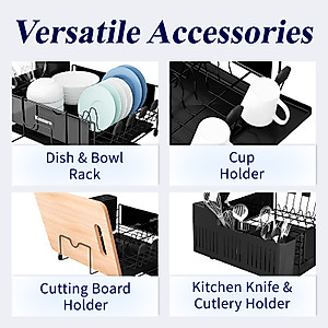 Kitsure Dish Drying Rack Large - Stainless Steel Dish Rack for Kitchen Counter, Dish Drainer with Drainboard Connected to The Sink, Dish Holder for Cups, Cutlery & Cutting Board, Black, Single-tiers