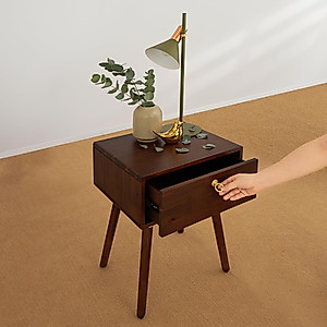 Bme Caden Solid Wood Nightstand/Side Table/End Table, Fully Assembled, with 1-Drawer for Mid Century Bedroom and Living Room, Walnut