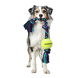 Mammoth Flossy Chews Color 3 Knot Tug w/Standard Tennis Ball – Premium Cotton-Poly Tug Toy for Dogs – Interactive– Rope Dog Toy for Medium Dogs - 20”