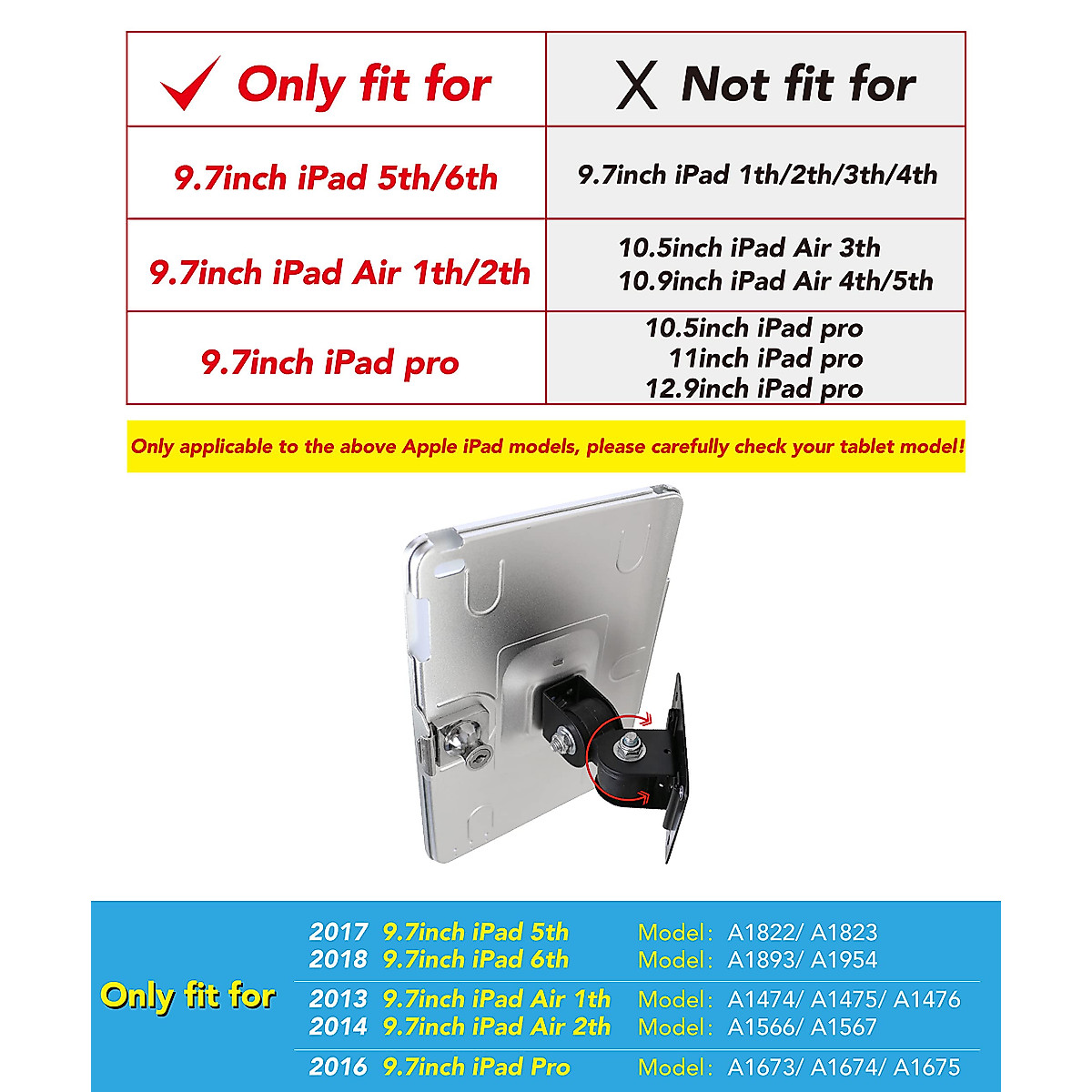 WeSTRUGGLE on Wall Mount Bracket for iPad 9.7"(6th,5th,Gen.), 9.7" Air1&2,9.7" Pro,Excluding 9.7"(1th,2th,3th,4th,Gen.),with Lock, Multi Angle,(Silver)