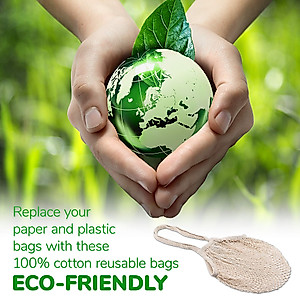 5 pack Cotton String Shopping Bags Reusable Washable Grocery Mesh Bags Organizer for Grocery Shopping Produce Net Bags with Longhandle for Fruit Vegetable Storage