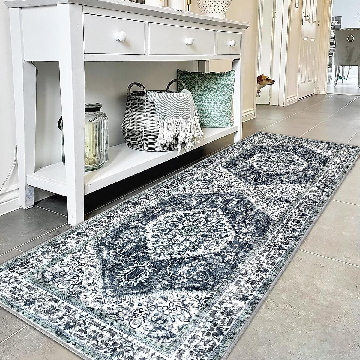 KOZYFLY Runners for Hallways 2x6 Ft Washable Kitchen Runner Rug Boho Runner Rug for Entryway Indoor Grey Oriental Faux Wool Bathroom Runner Rug Floor Carpet Runner for Bedroom Kitchen Hall