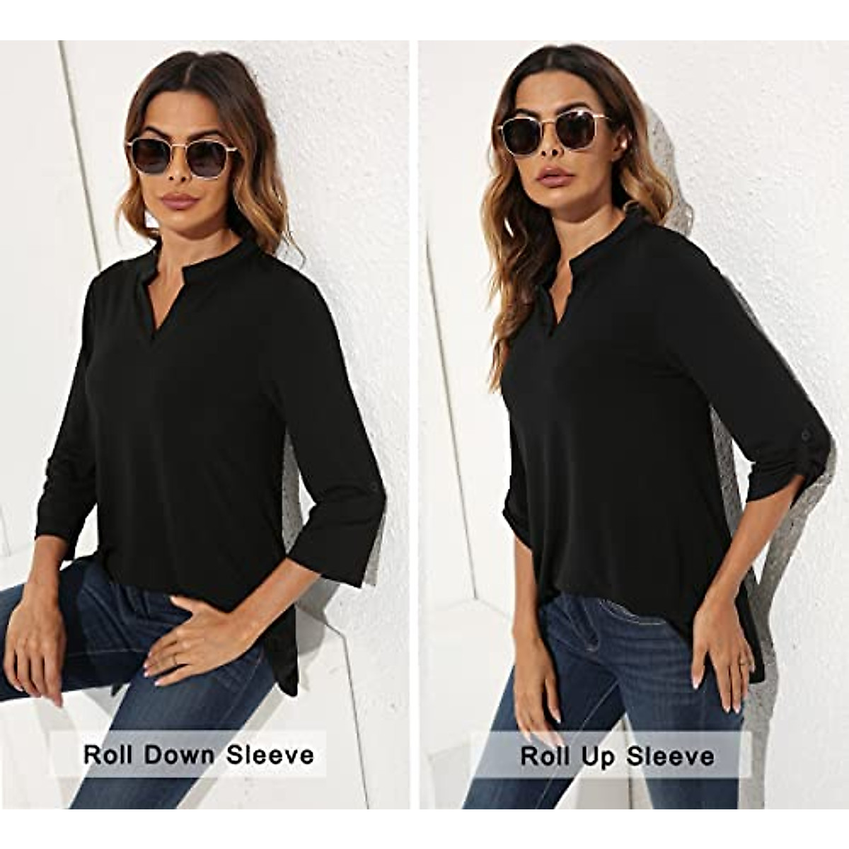 Zattcas Womens Floral Printed Tunic Shirts 3/4 Roll Sleeve Notch Neck Tunic Top,Solid Black,XX-Large