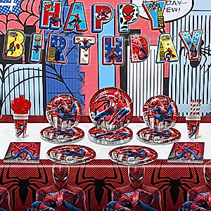 Spider Party Supplies Superhero Birthday Set, Including Plate, Napkin, Cup, Knife Fork, Spoon, Tablecloth、Straws and Pull flags， Spider Birthday Decorations For Boys and Girls