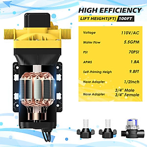 YOMILINK Fully Self-priming Water Pump, 110V 5.5 GPM 70 PSI, Automatic On-Demand Diaphragm Pump, for Kitchen, Bathroom RV, Marine Yacht, Lawn Garden, House, Fish Tanks, Small Fountains, Rain Barrels