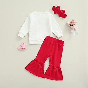 Toddler Baby Girl Valentine's Day Clothes Outfit Set 3Pcs Long Sleeve Love Heart Pullover Tops Flare Pants Headband (Love Heart Print,3-4 Years)