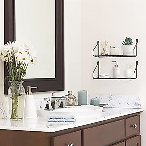 Wall Floating Shelves 2 Pack, No Drill Adhesive Mount, Black Metal Hanging Shelf, Storage Bookshelf Rack for Bathroom, Bedroom, Kitchen, Laundry, Dorm, Office, Garage, Decor Dispaly and Organization