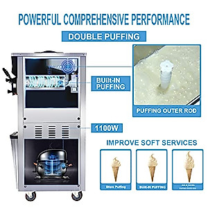 GSEICE 2500W Commercial Ice Cream Maker Machine, 6.8-8.4 Gal/H Soft Serve Machine with Precooling & Refrigeration at Night, Led Panel, 2+1 Flavors Soft Serve Ice Cream Maker with Two 8L Hoppers 2.0L Cylinders Puffing Shortage Alarm, 9 Magic Heads